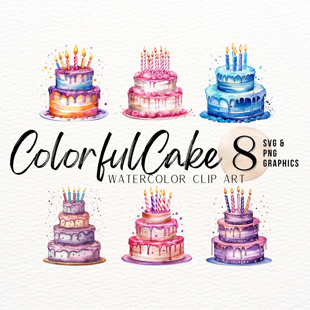 Birthday Cake Watercolor Clipart Bundle | Colorful Layer Cake PNG ...