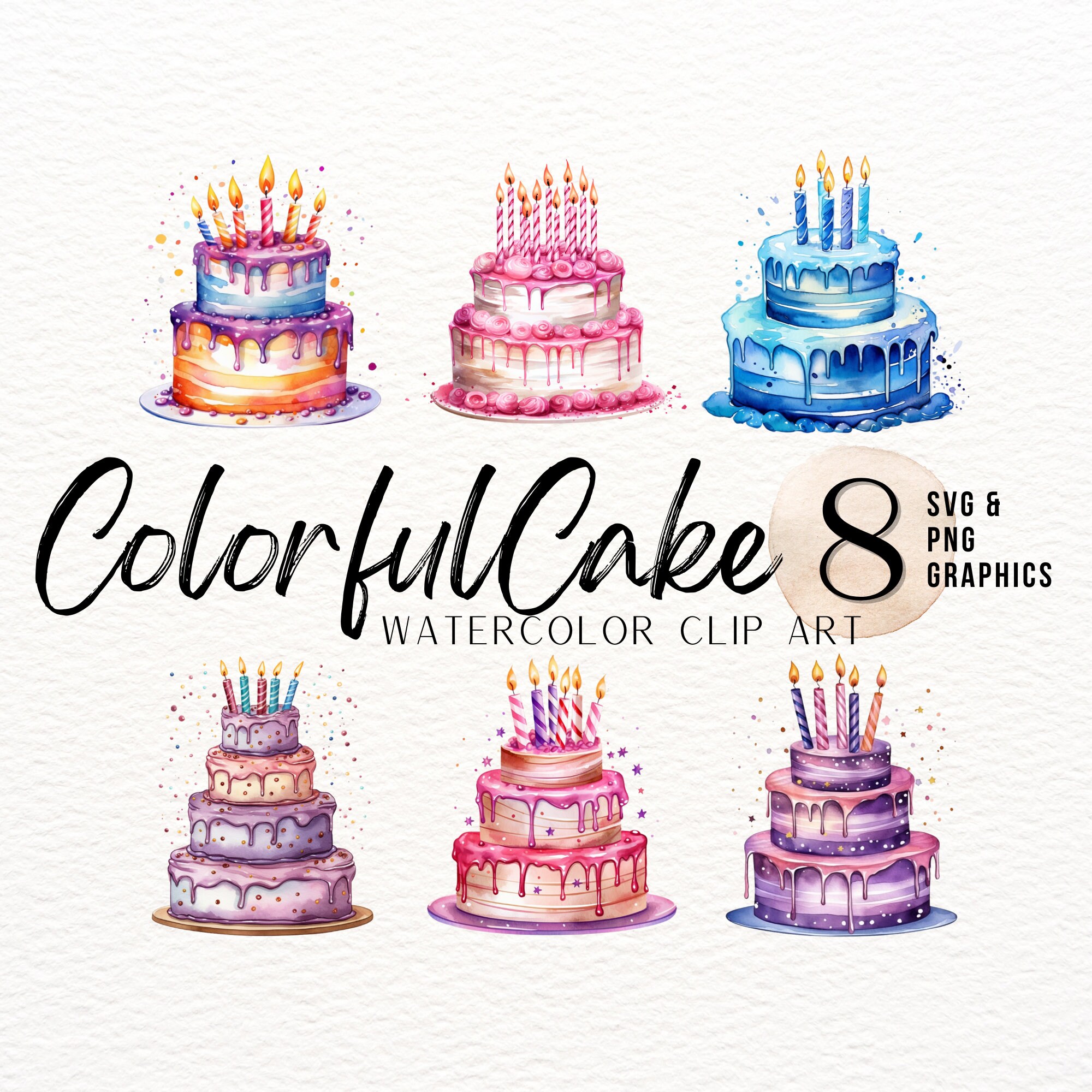 Birthday Cake Watercolor Clipart Bundle Colorful Layer Cake - Etsy