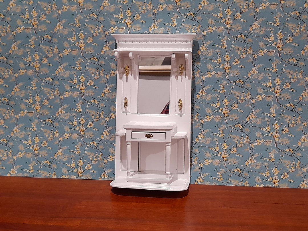Dollhouse Miniature White Hall Stand With Mirror and Hooks 1:12 Scale ...
