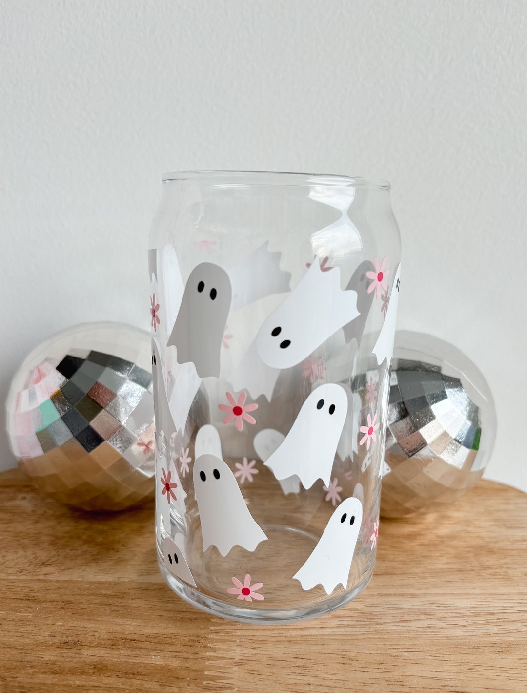 Pink Floral Retro Ghost Glass Cup for Halloween | Trendy Retro Vibes ...
