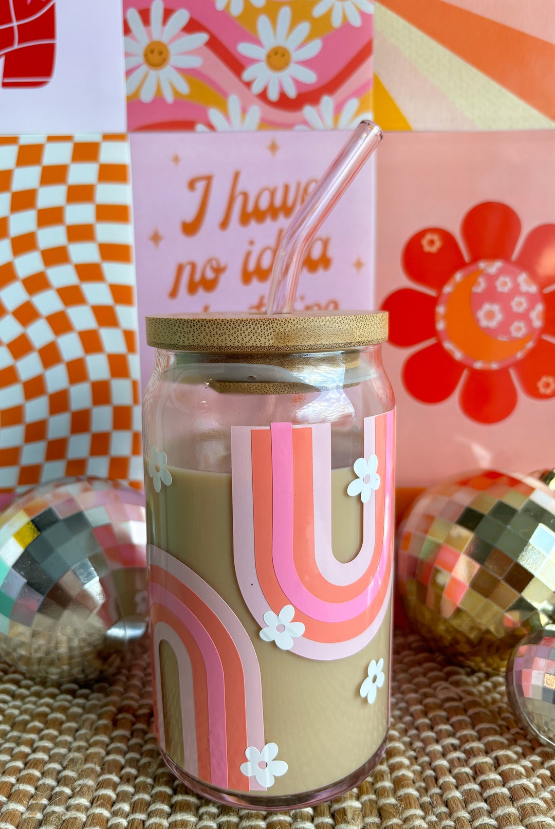 Boho Rainbow Retro Flower Iced Coffee Glass, Groovy Glass, Iced Coffee ...