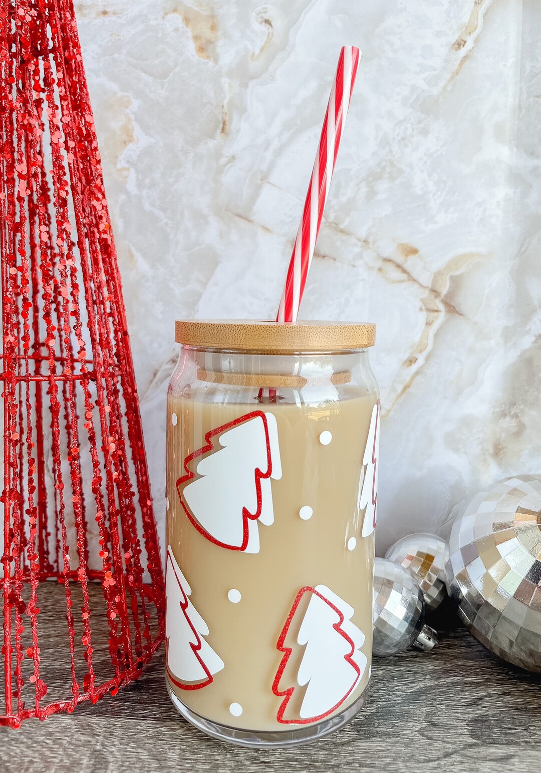 Red Glitter Christmas Tree Iced Coffee Glass, Christmas Glass ...