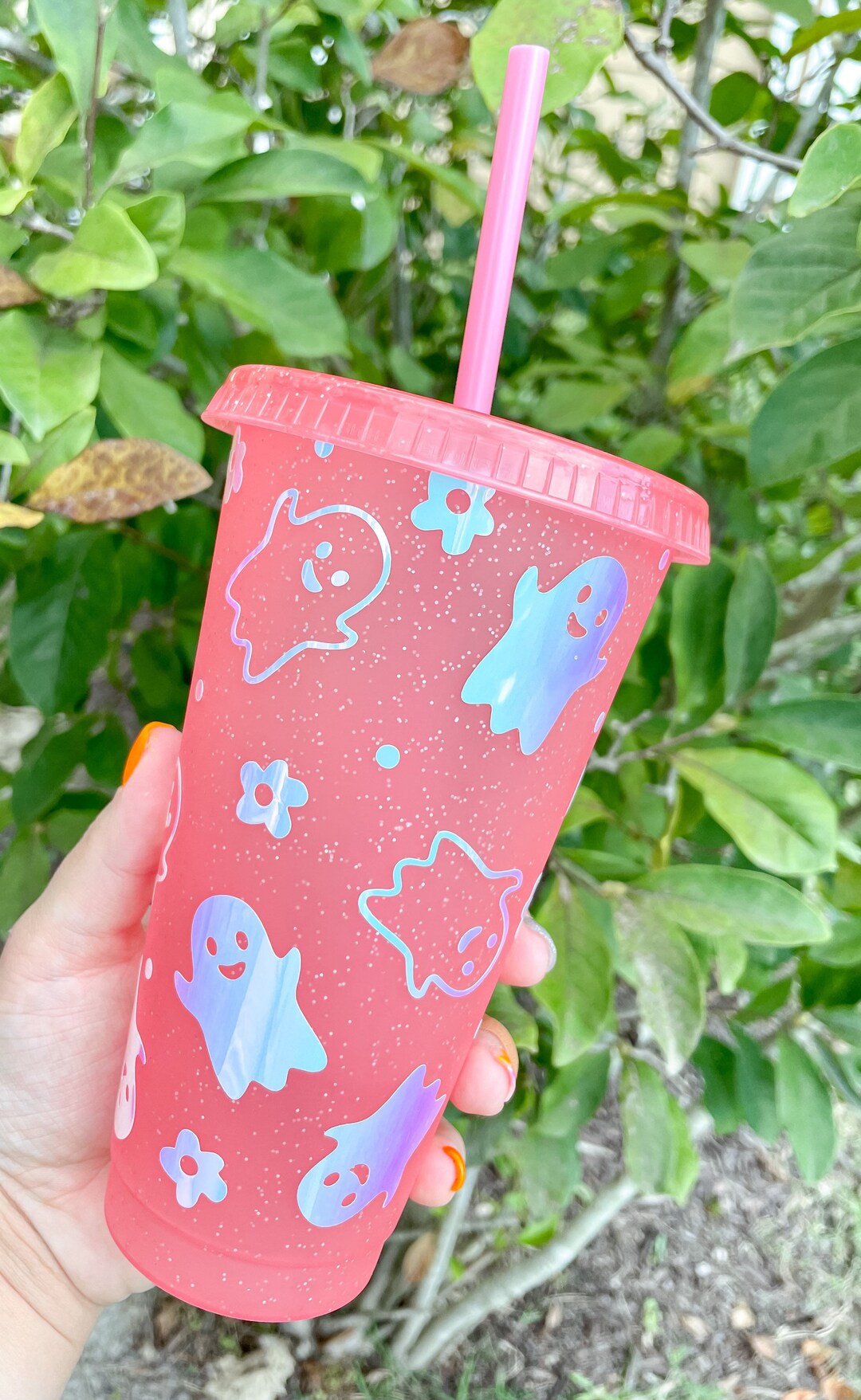 Pink Spooky Glitter Ghost Cold Cup: Halloween Coffee Cup - Etsy