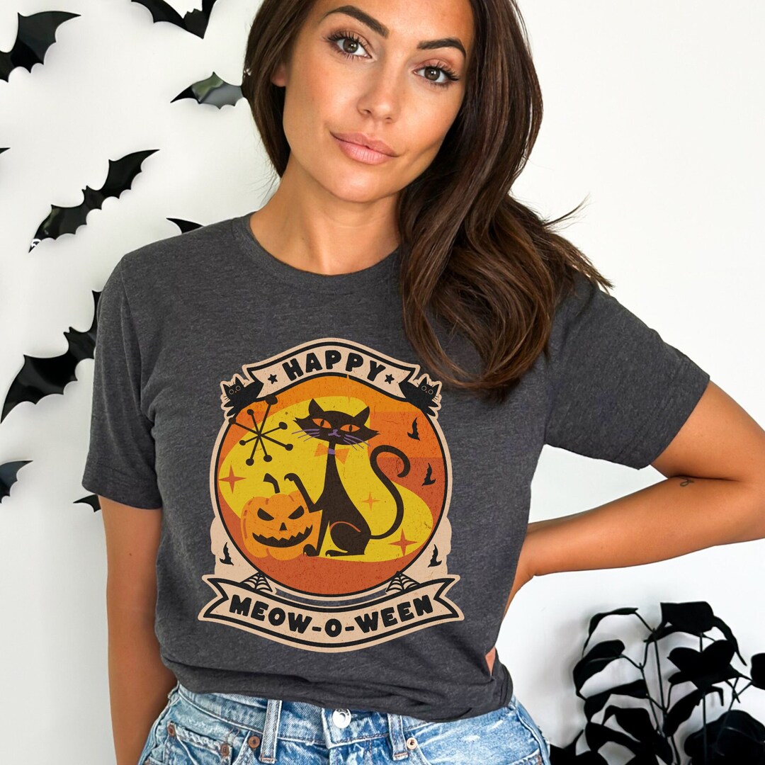 Retro Groovy Happy Meow-o-ween Halloween T-shirt for Women, Meowoween Top, Vintage Style Retro ...