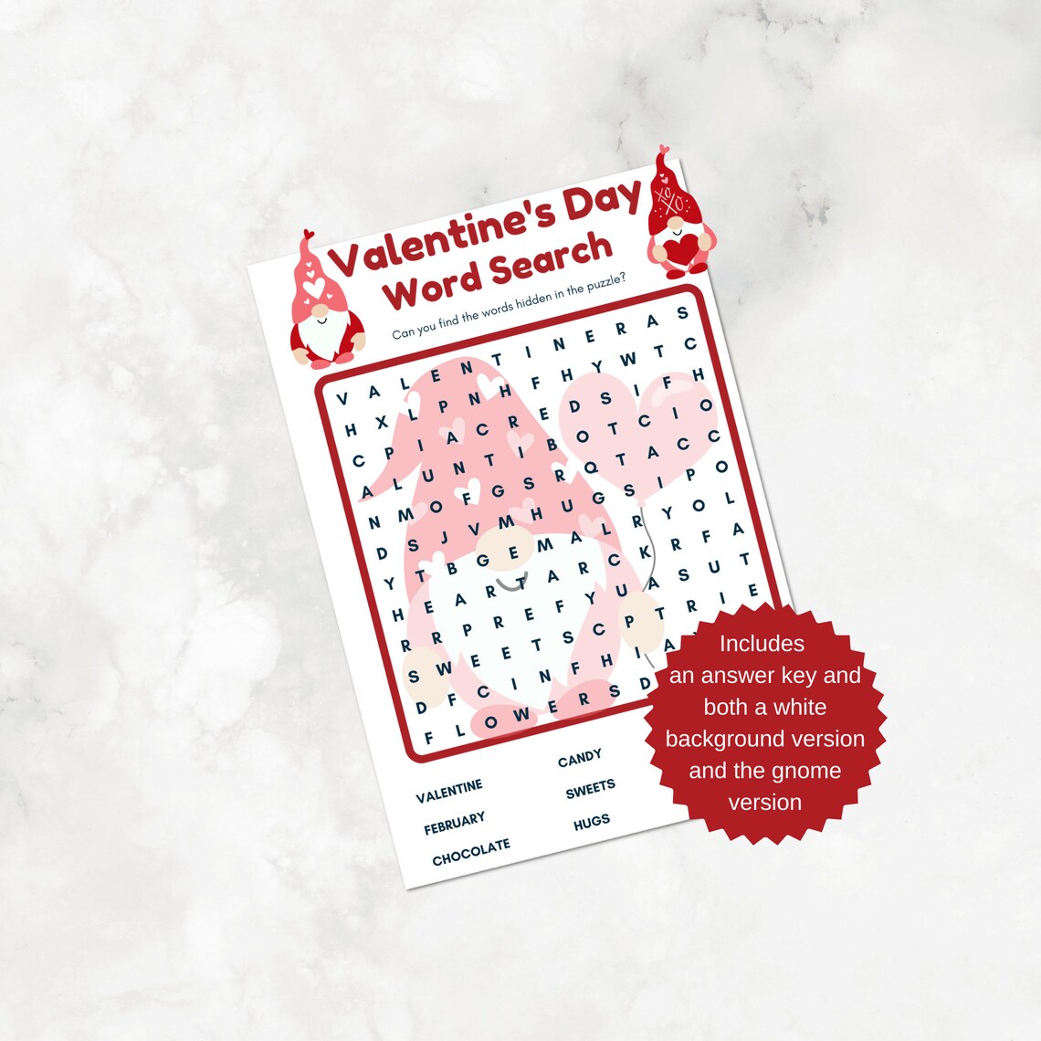 Printable Valentine's Day Word Search, Valentine Gnome Word Search ...
