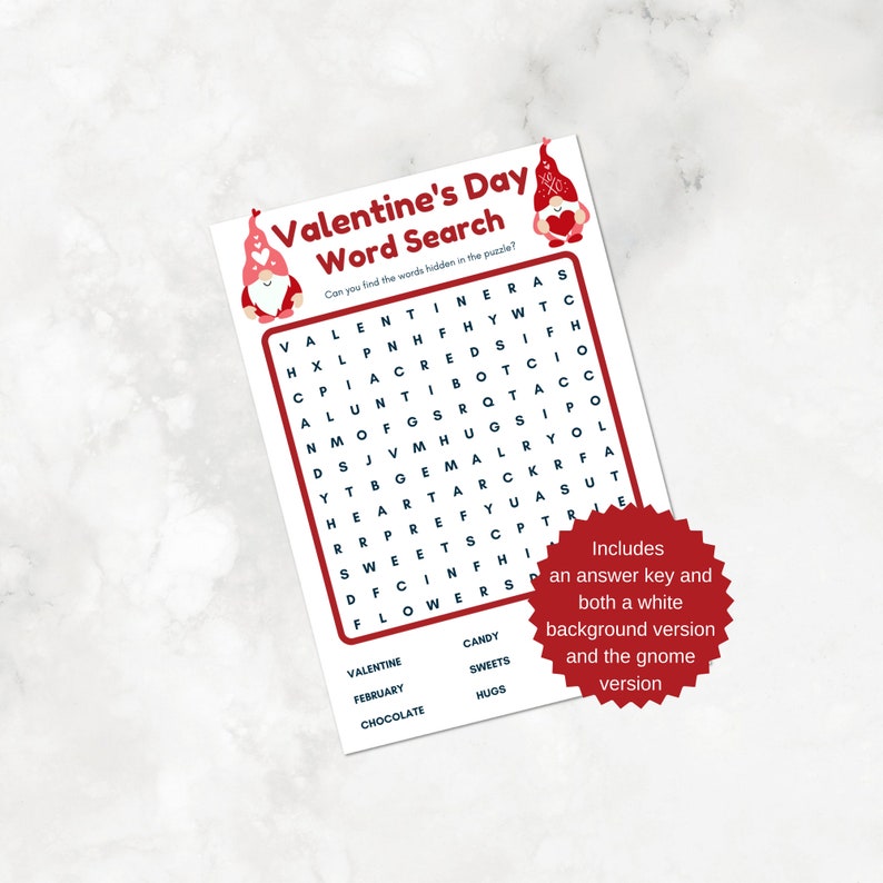 Printable Valentine's Day Word Search, Valentine Gnome Word Search ...