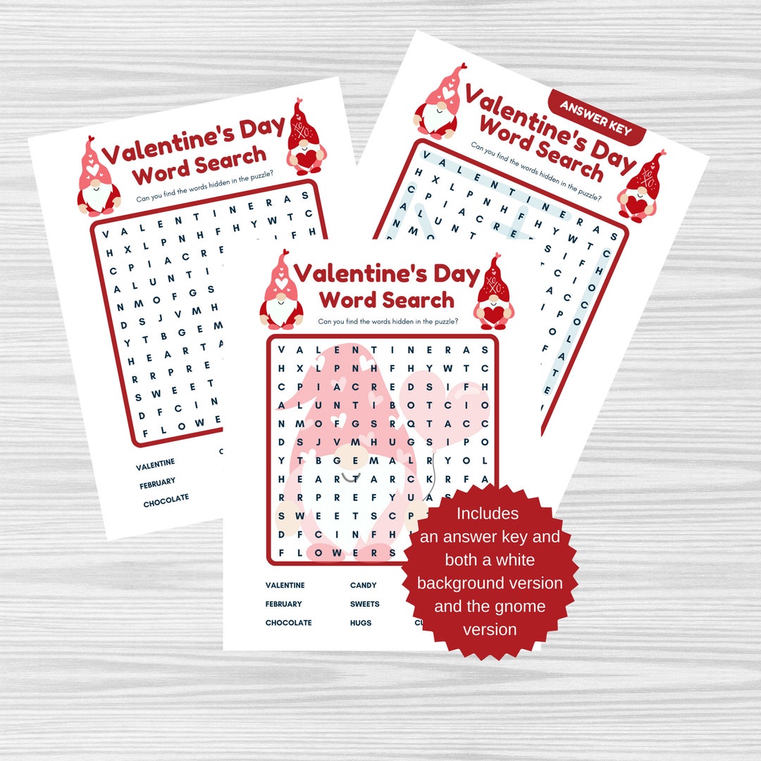 Printable Valentine's Day Word Search, Valentine Gnome Word Search ...