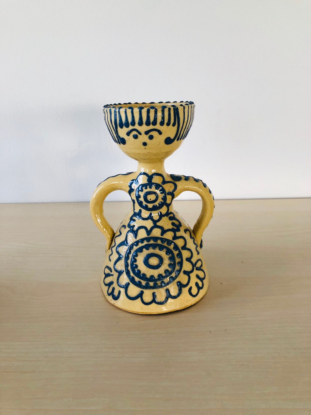Vintage Ceramic Candlestick, Ceramic Figure Candlestick Beige Blue ...