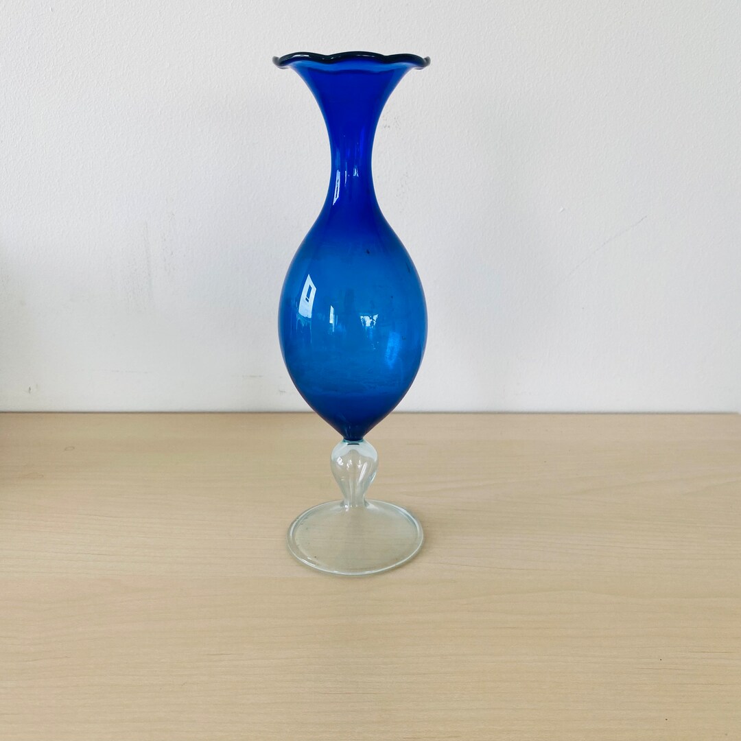 Blue Vintage Glass Vase With Transparent Base - Etsy