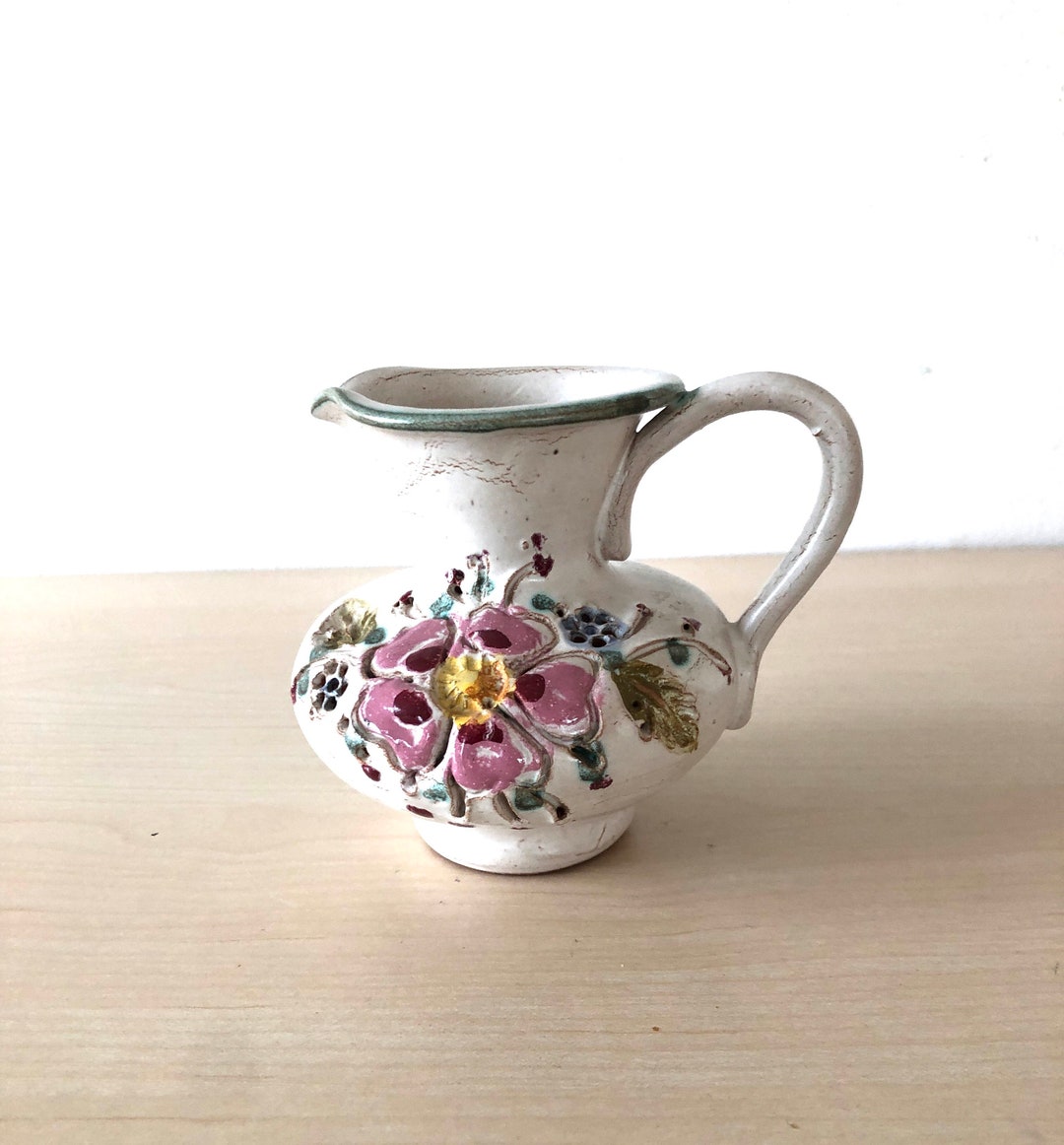 Small Very Nice Vintage Ceramic Vase With Pink Flower and Handle - Etsy