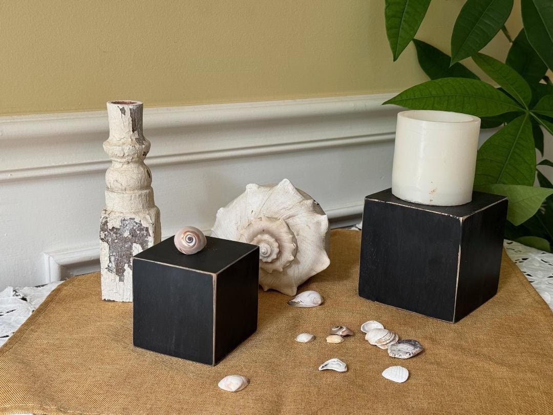 Distressed Black Wood 3 Inch Square Block Riser, Black Plant Riser ...