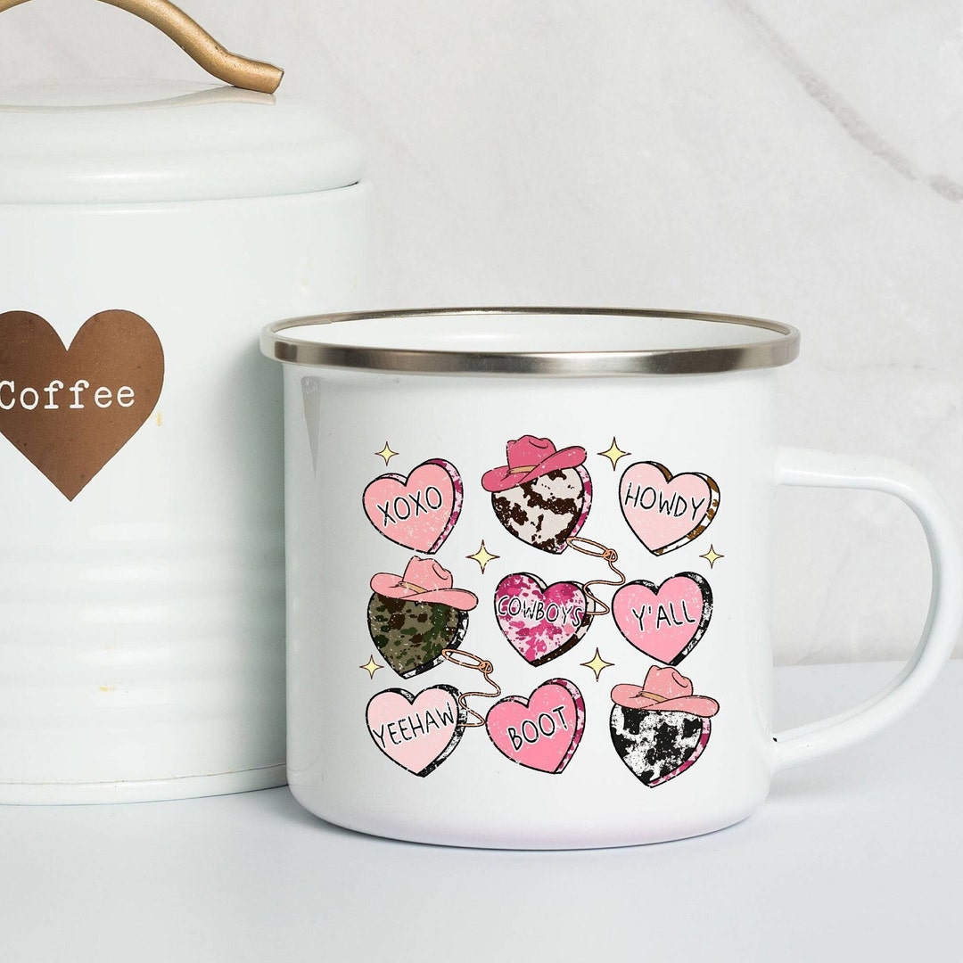 Western Candy Hearts Enamel Mug, Valentines Day Mug, Cowboy Love ...