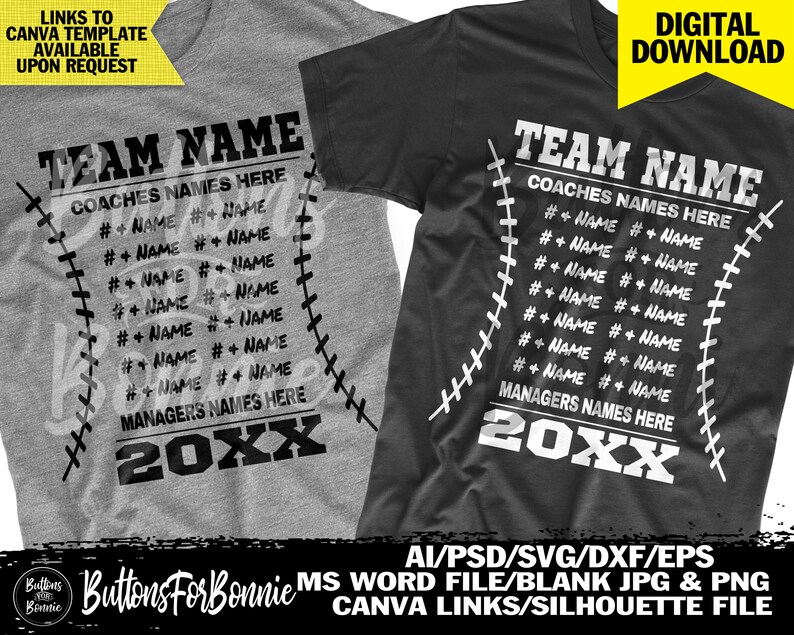 Football Svg, Template, Football Team Svg, Football Roster, Back of ...