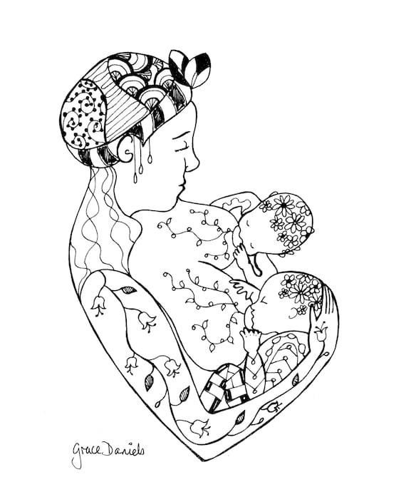 Pen & Ink Print of Original Pen Drawing.Twin Mom Motherhood Art ...