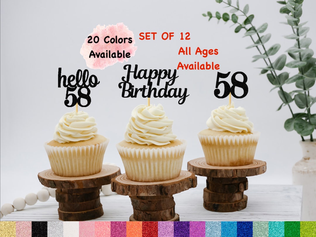 58th Birthday Cupcake Toppers | Hello 58 Theme | Number 58 | Happy ...