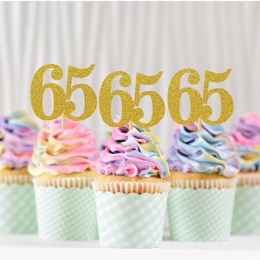 65th Birthday Cupcake Toppers | Glitter Number 65 Decorations | 65th ...