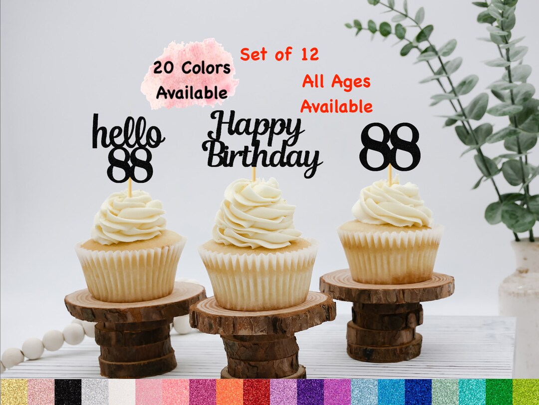 88th Birthday Cupcake Toppers set of 12 88th Birthday Decorations Party Favors 20 COLORS ...