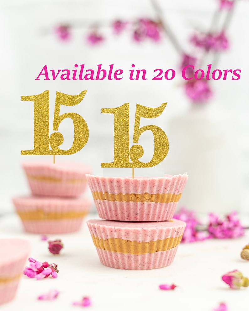 15th Birthday Cupcake Toppers | Glitter Number 15 Decorations | 15th ...