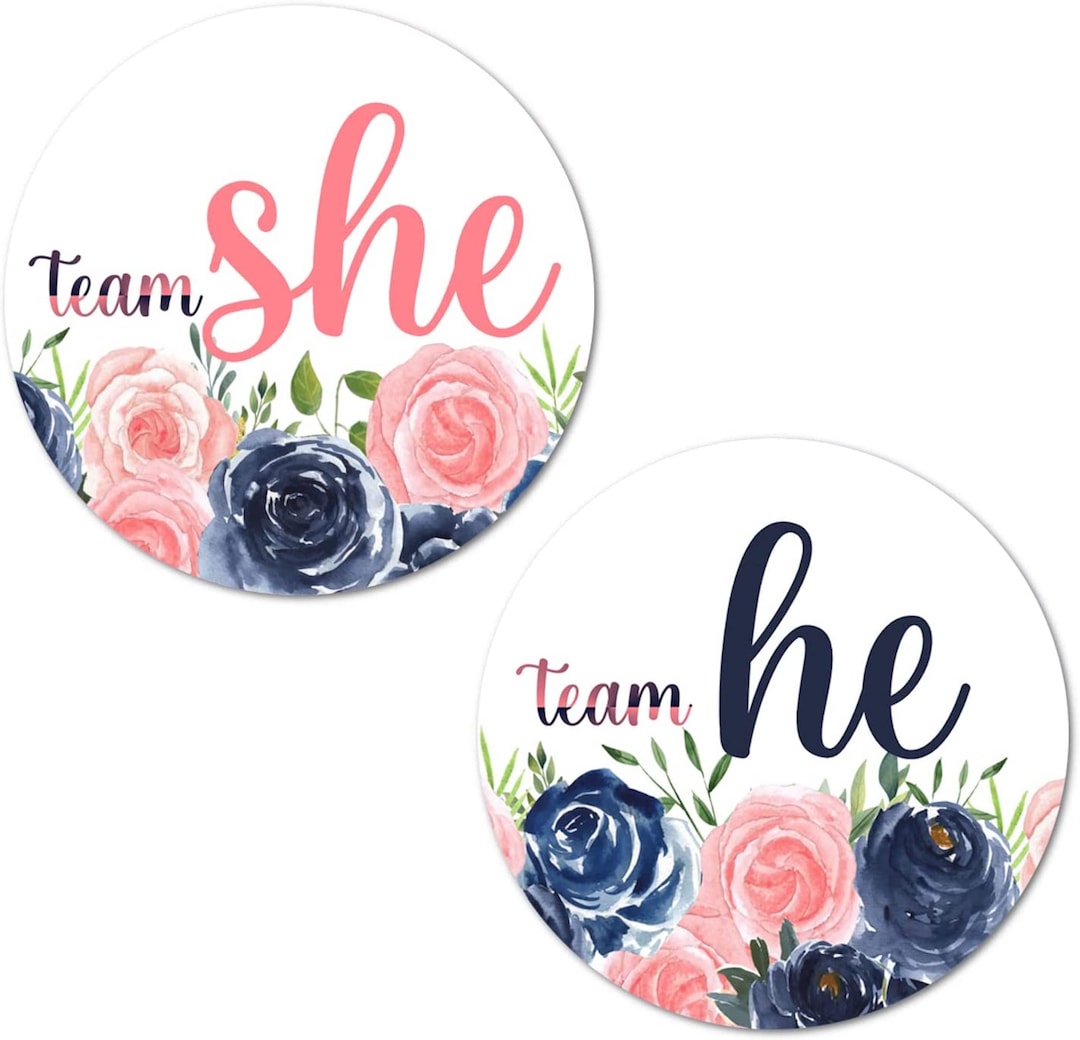 40pc Team She Team He Gender Reveal Stickers 2 Inch Big Round Glossy ...