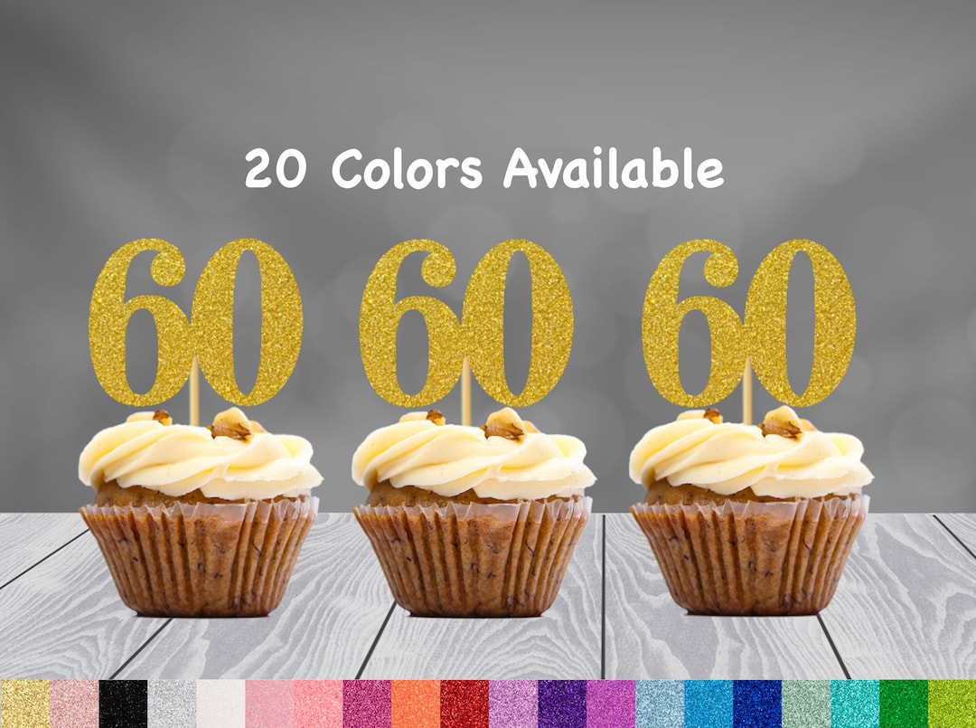 60th Birthday Cupcake Toppers | Glitter Number 60 Decorations | 60th ...