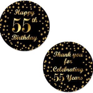 55th Happy Birthday Stickers, 2 Inch Big Round Glossy Labels (black and ...