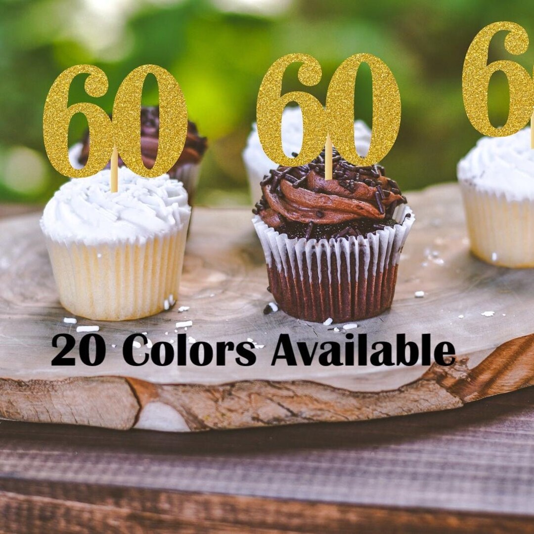 60th Birthday Cupcake Toppers | Glitter Number 60 Decorations | 60th ...