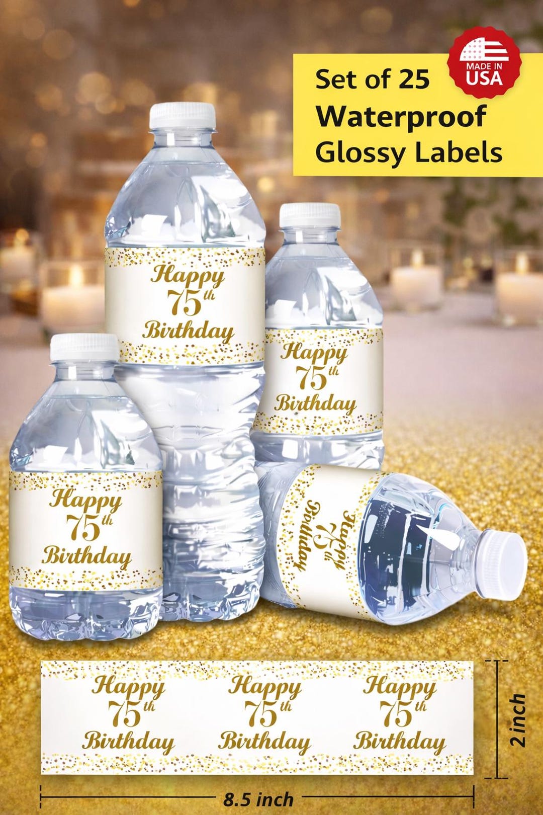75th Birthday Water Bottle Labels | SET of 25 | Glossy Waterproof ...