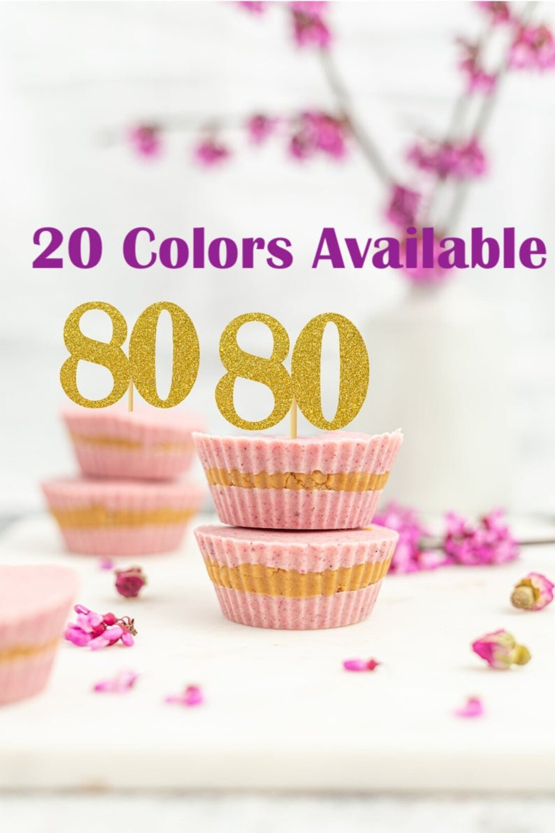 80th Birthday Cupcake Toppers | Glitter Number 80 Decorations | 80th ...