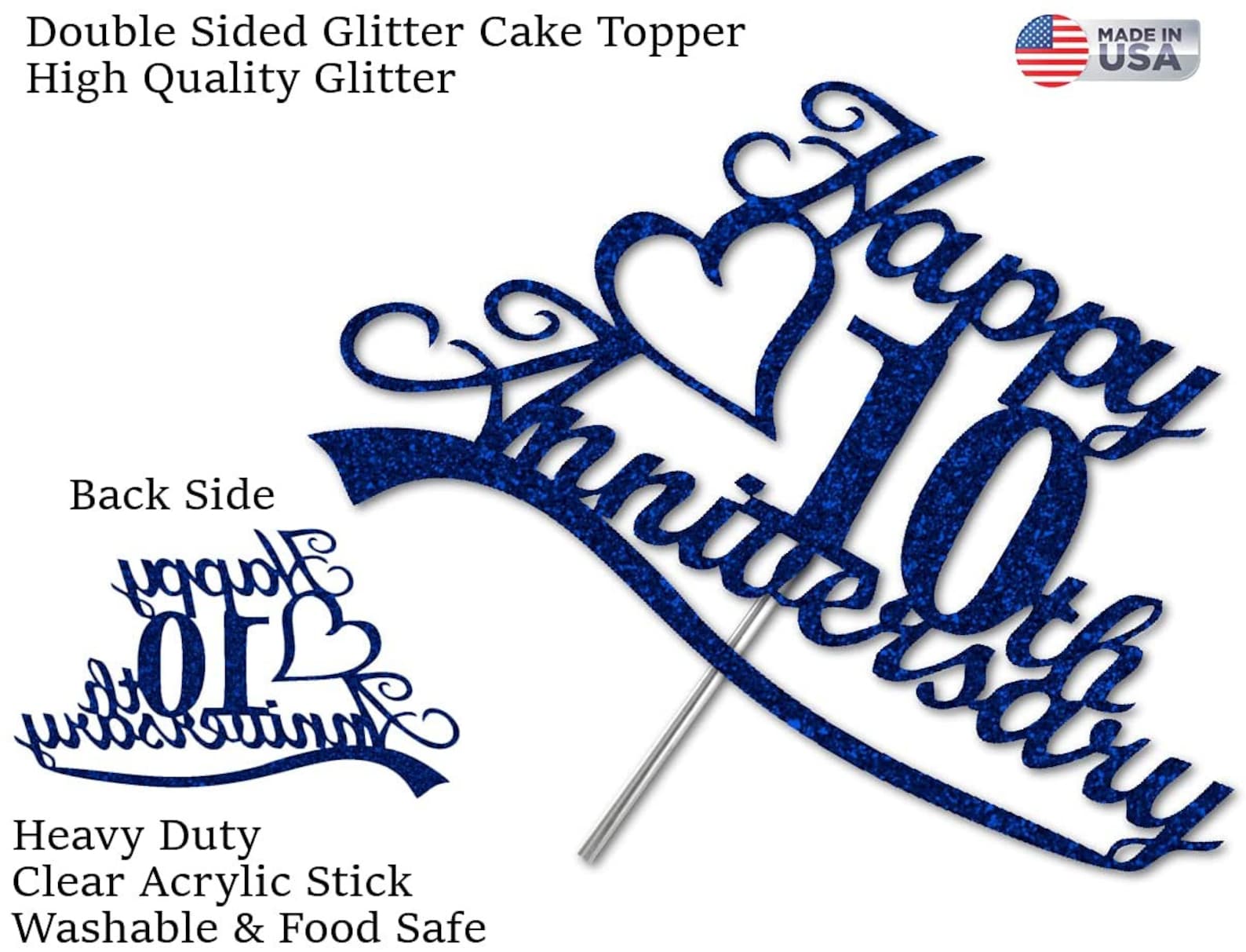 10th Anniversary Cake Topper (double Sided) Glitter 10th Wedding ...