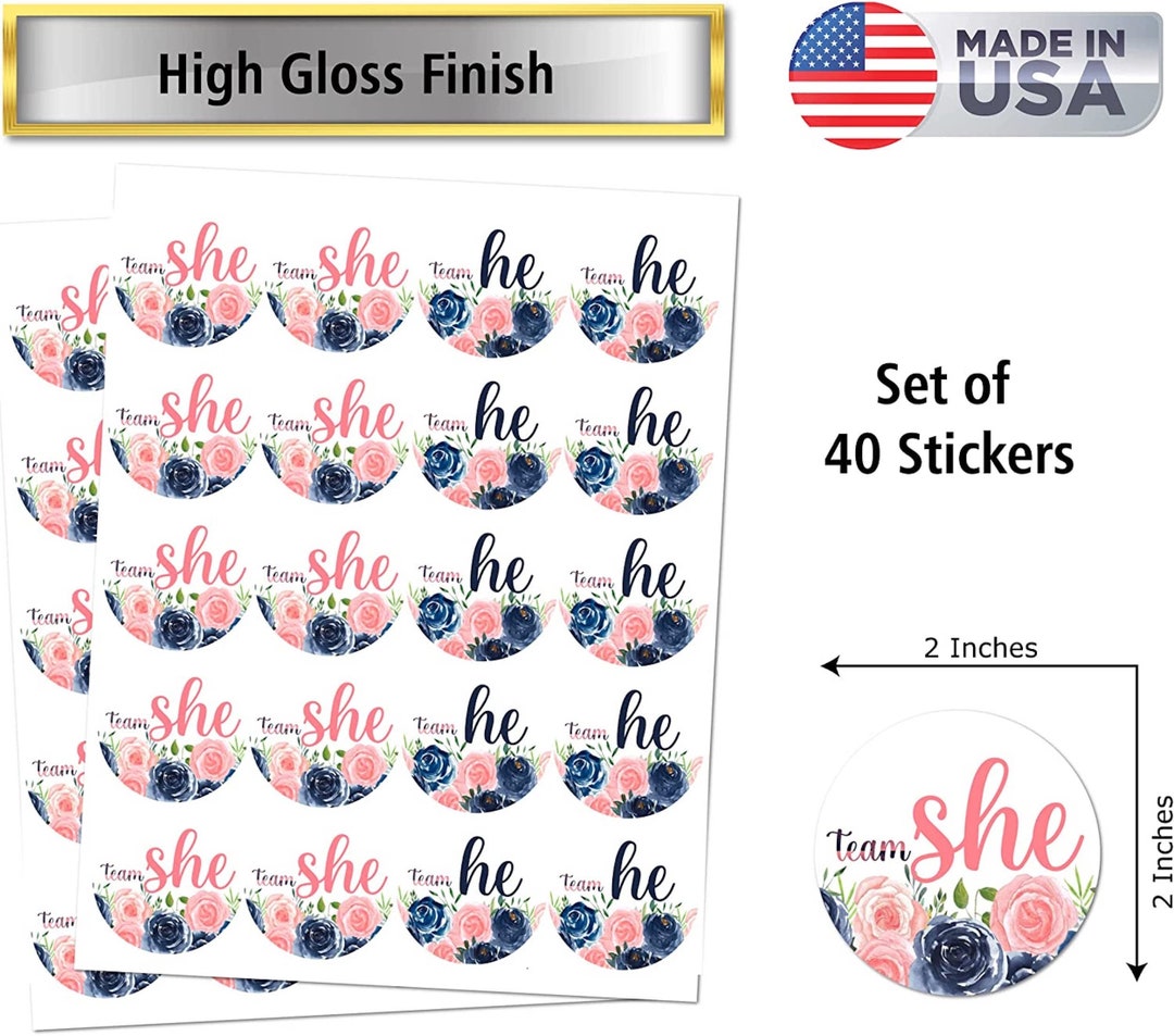 40pc Team She Team He Gender Reveal Stickers 2 Inch Big Round Glossy ...