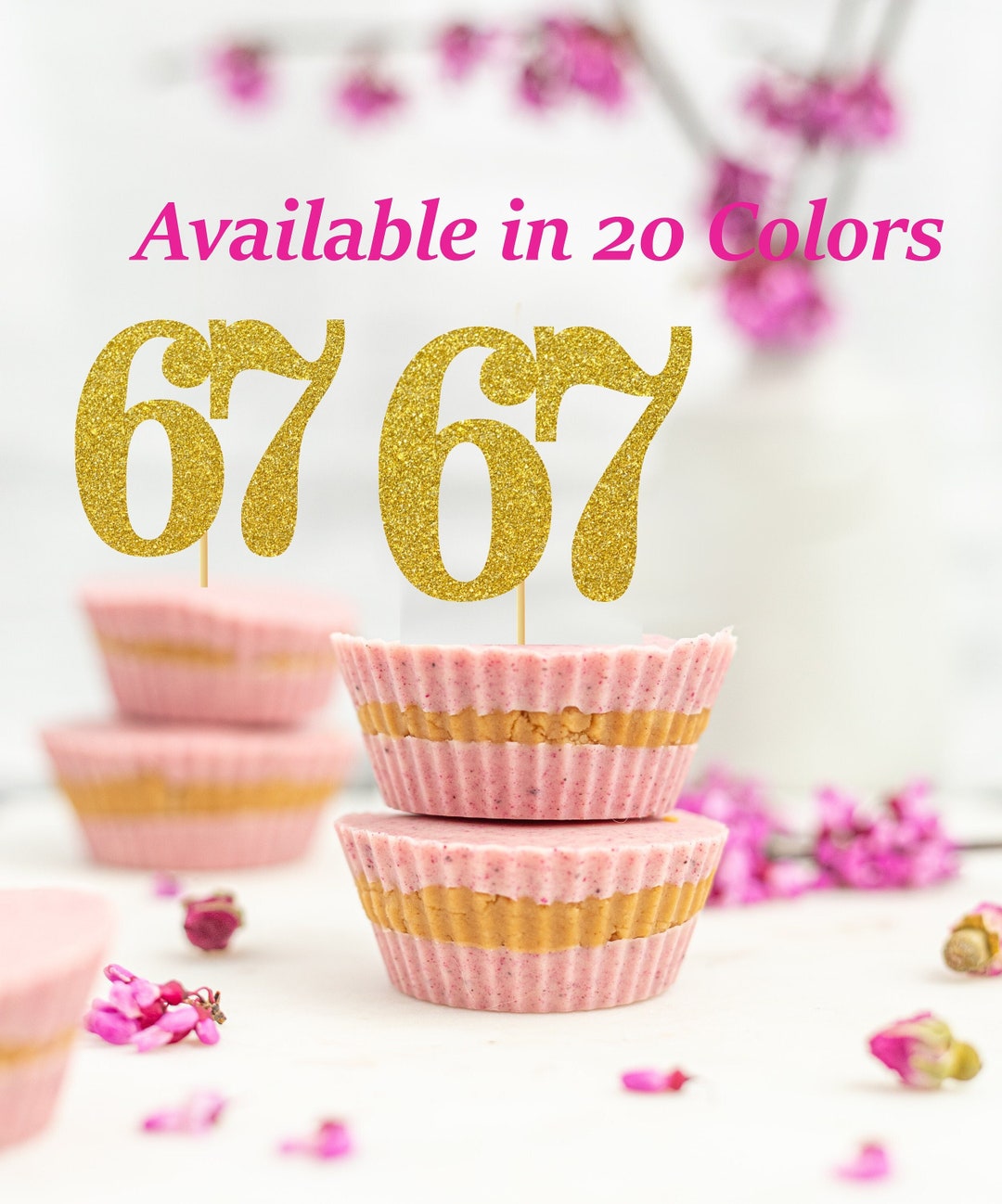 67th Birthday Cupcake Toppers | Glitter Number 67 Decorations | 67th ...