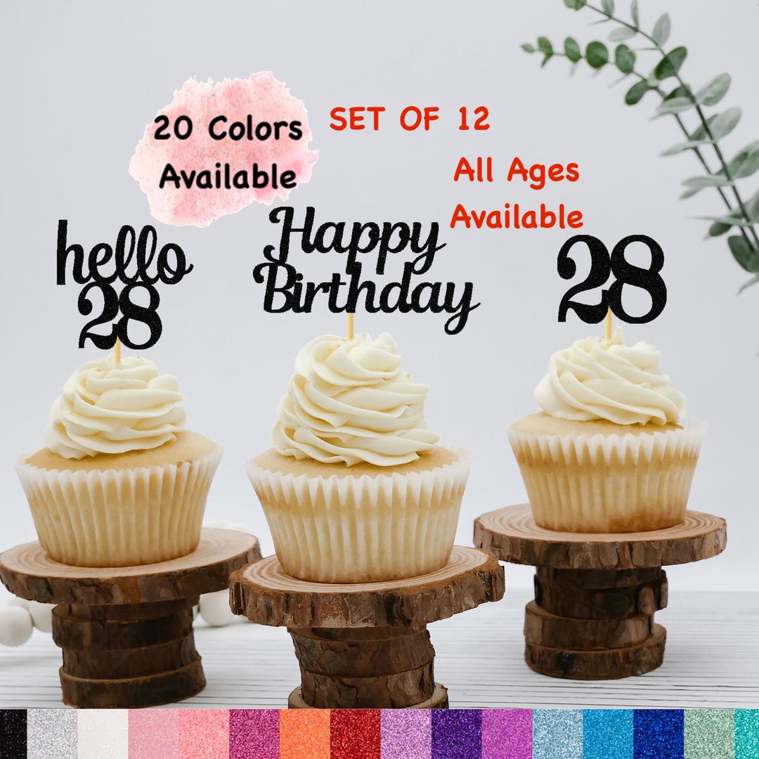28th Birthday Cupcake Toppers | Hello 28 Theme | Number 28 | Happy ...