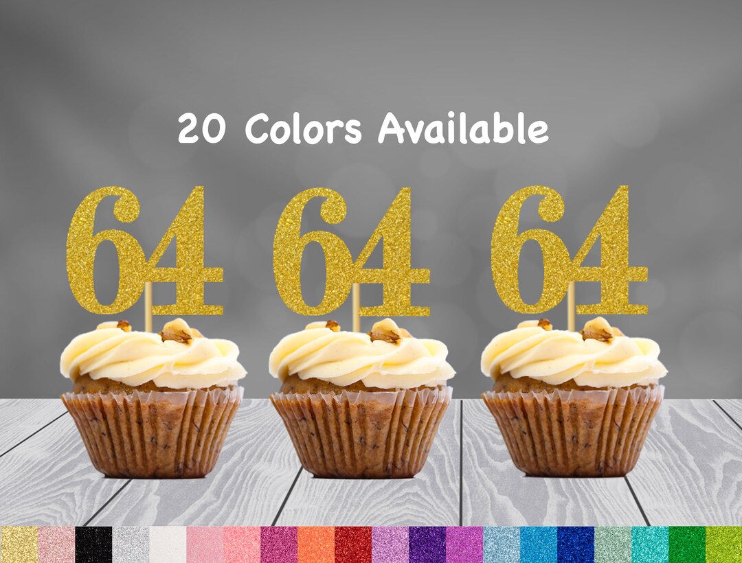 64th Birthday Cupcake Toppers | Glitter Number 64 Decorations | 64th ...
