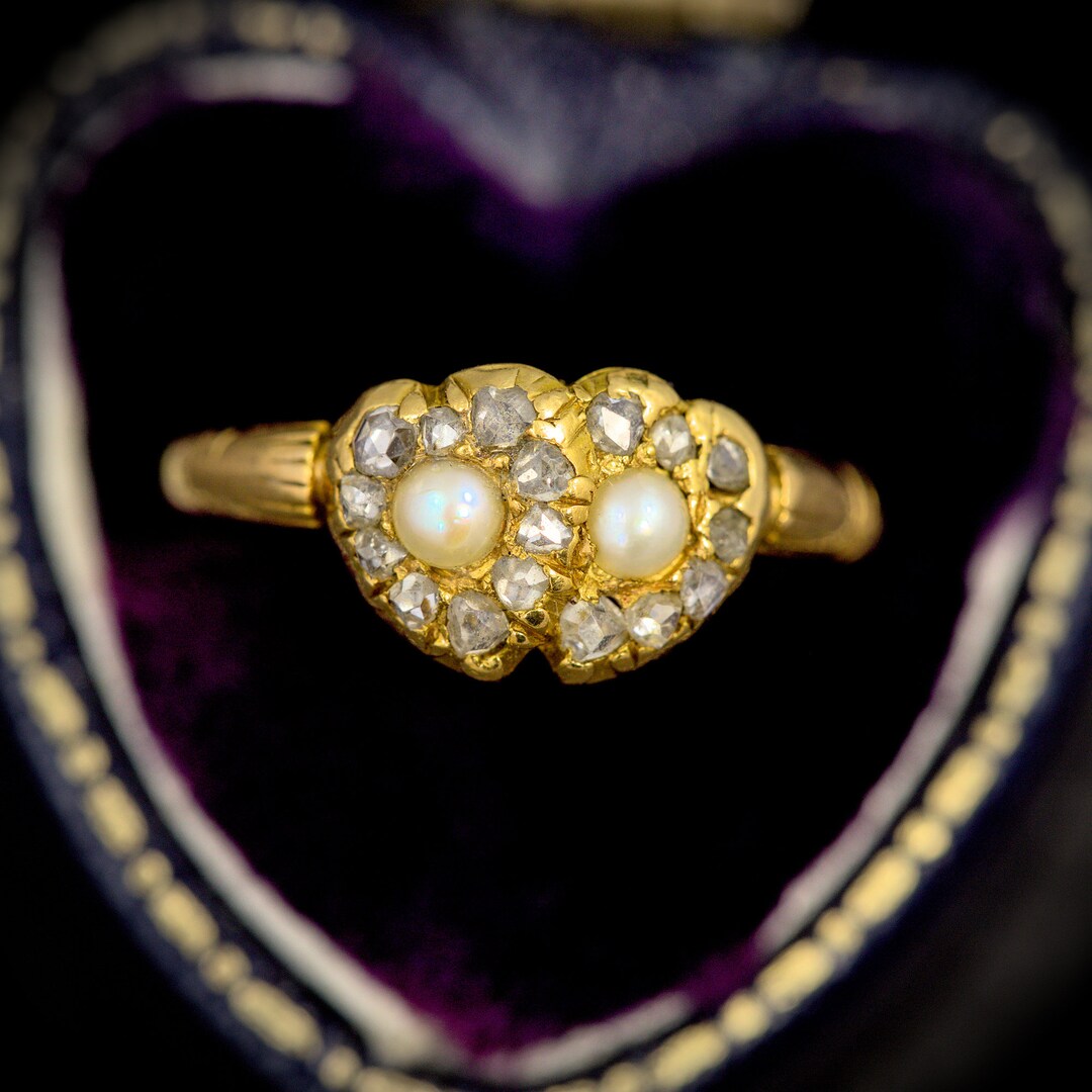 Antique Victorian English 18K Gold Joined Hearts Pearl Diamond Ring ...