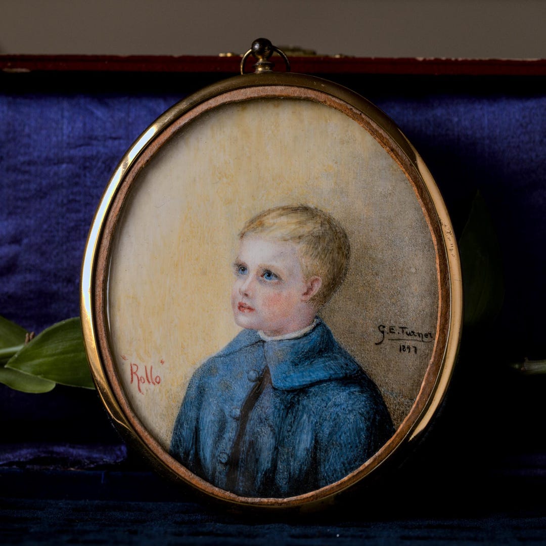Antique English Gilded Portrait Miniature Rollo Young Boy in Blue GE ...