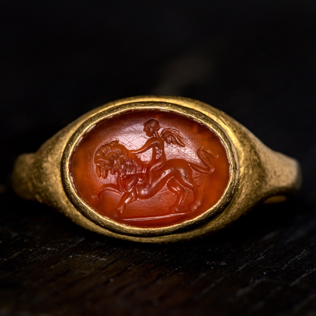 Wonderful Antique Ancient Roman Ring 22K Gold Carnelian Cupid Lion ...