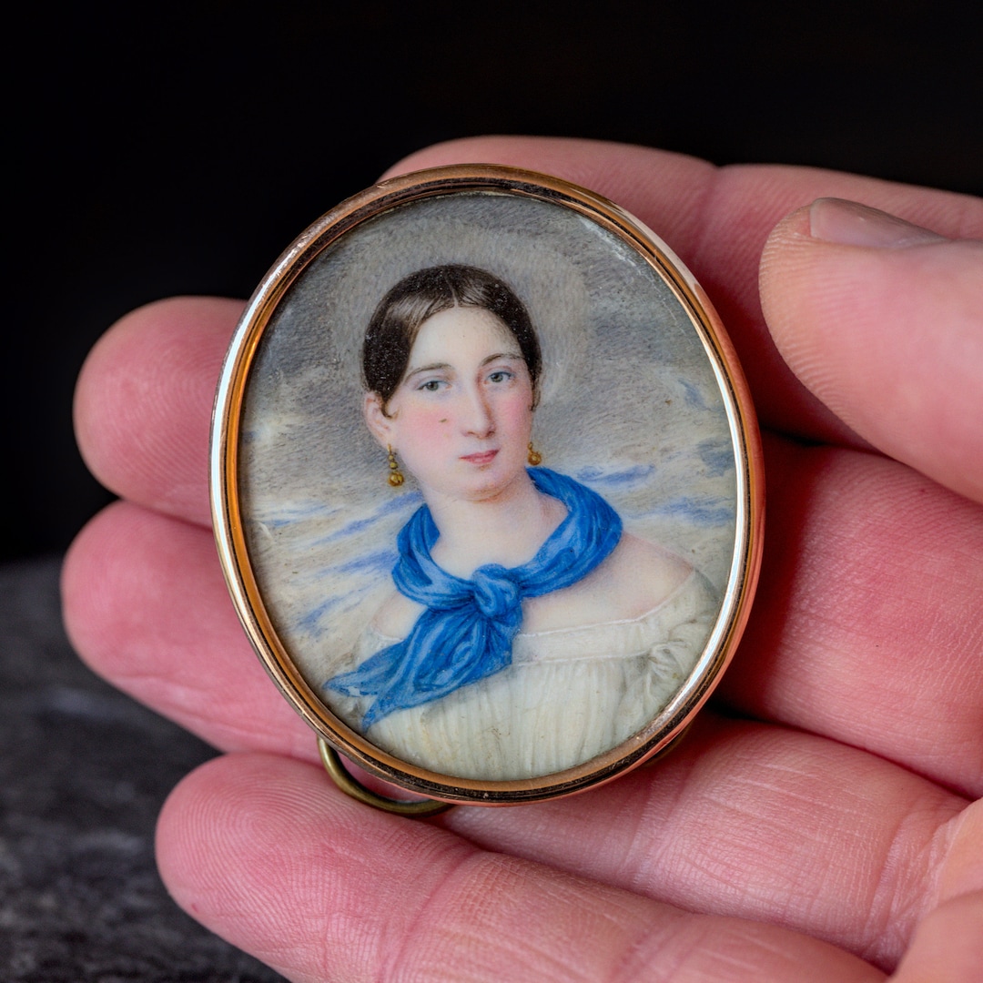 Antique Victorian Gold Portrait Miniature Locket Picture Frame Blue ...