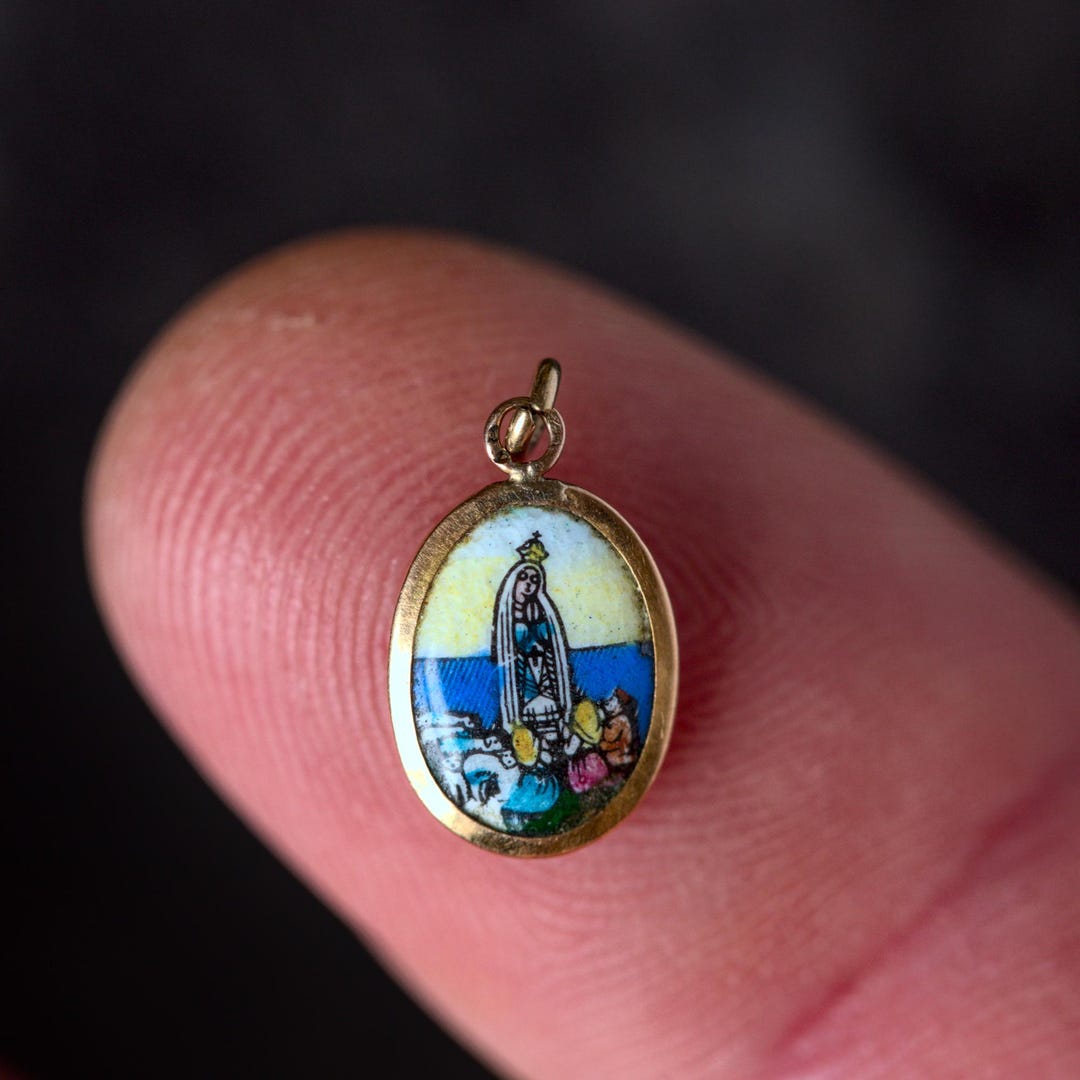 Tiny Antique Portuguese 14K Gold Enamel Charm Pendant Virgin Mary Sun ...