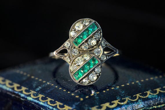 Antique English Art Deco Gold Silver Emerald Paste Ge… - Gem