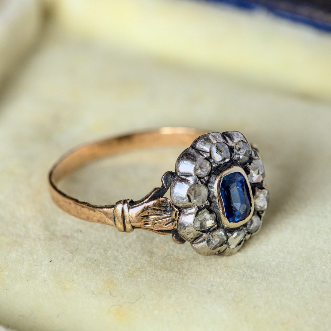 Antique Early Victorian Era 14K Gold Rose-cut Diamond Sapphire Ring ...