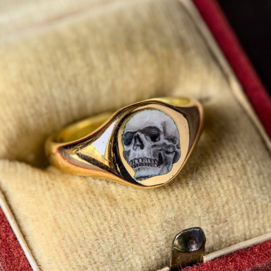 Incredible Antique English 18K Gold Miniature Enamel Skull Signet Ring ...