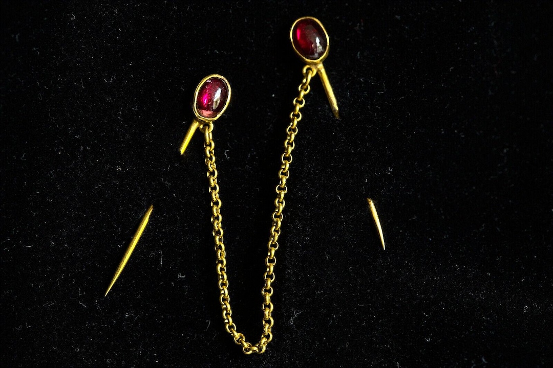Wonderful Unusual Antique English 15K Gold Garnet Miniature Cloak Pin ...