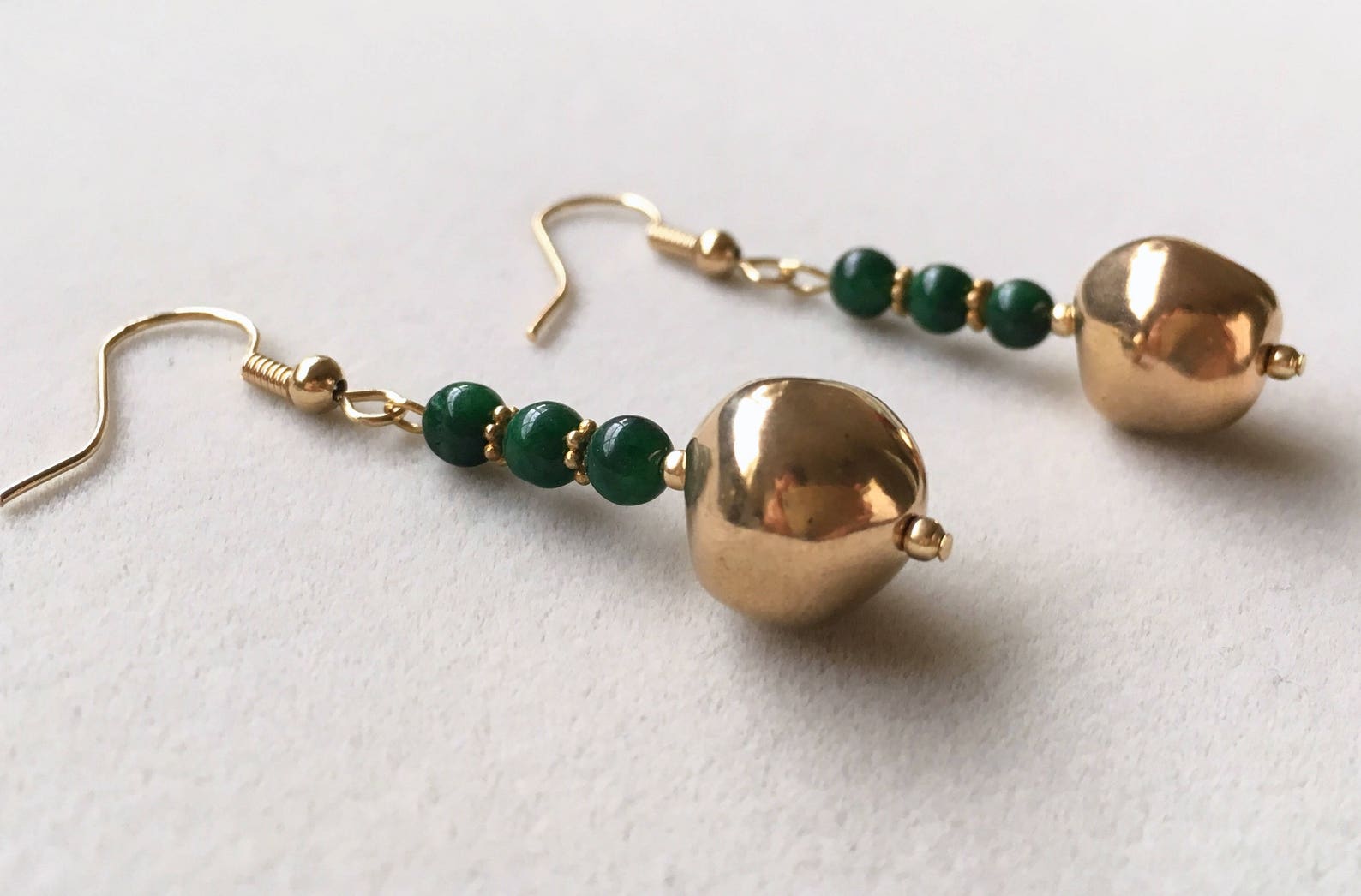 Gold Metal Bead Earrings, Genuine Jade Earrings, 18K Gold Filled Fish ...