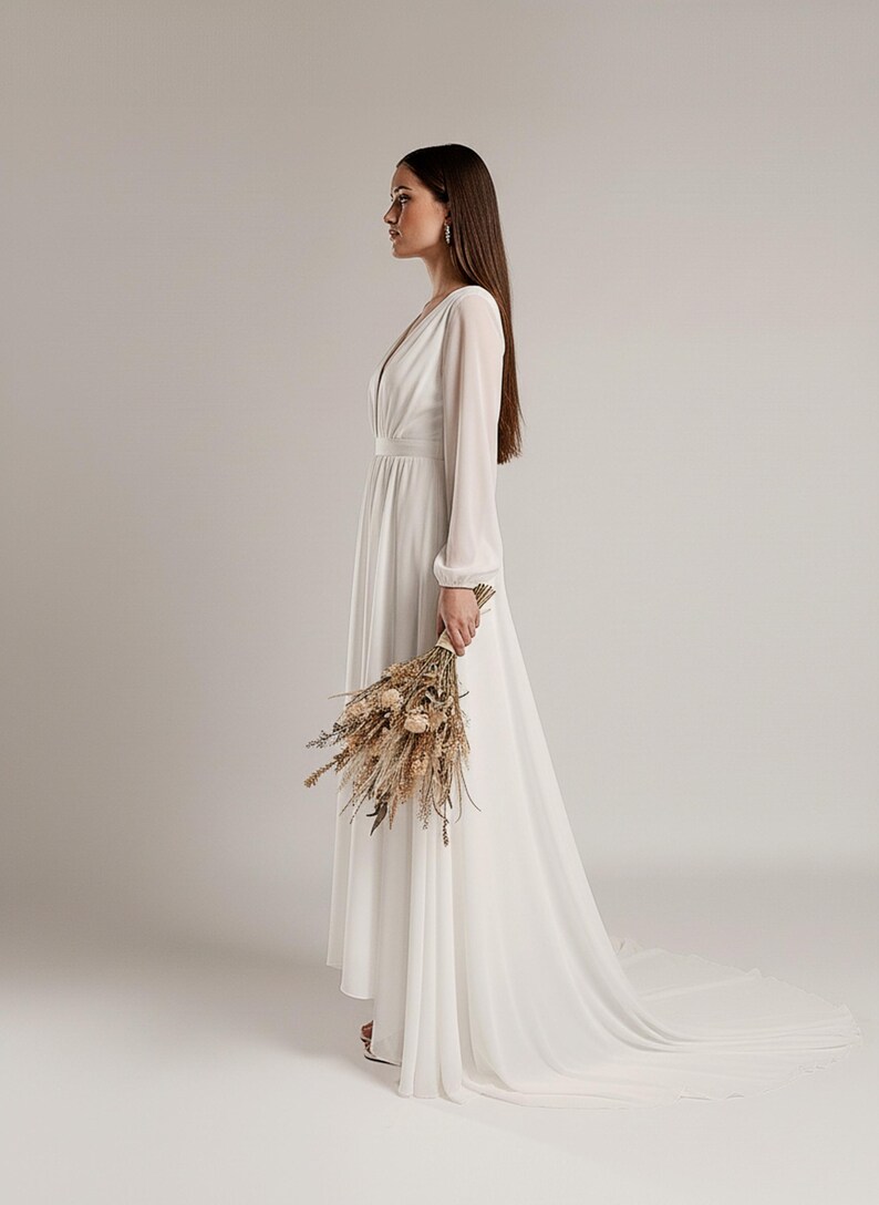 Modest Chiffon Dress With Long Sleeves and Cathedral Train, V-neck ...
