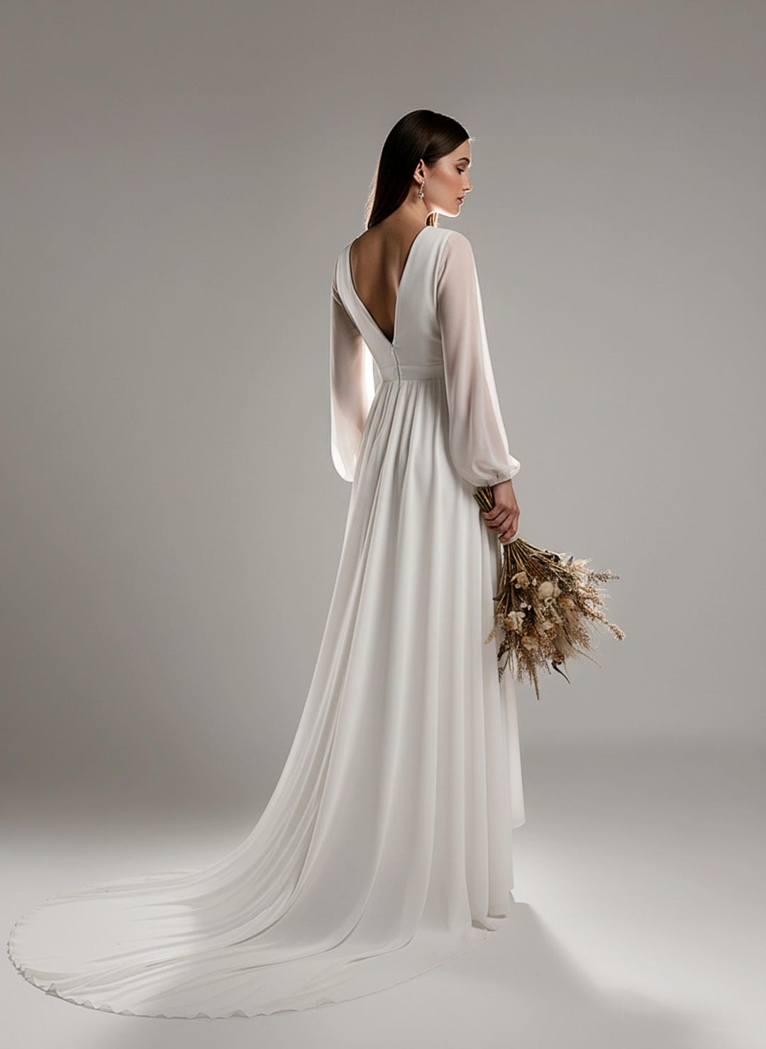 Modest Chiffon Dress With Long Sleeves and Cathedral Train, V-neck ...