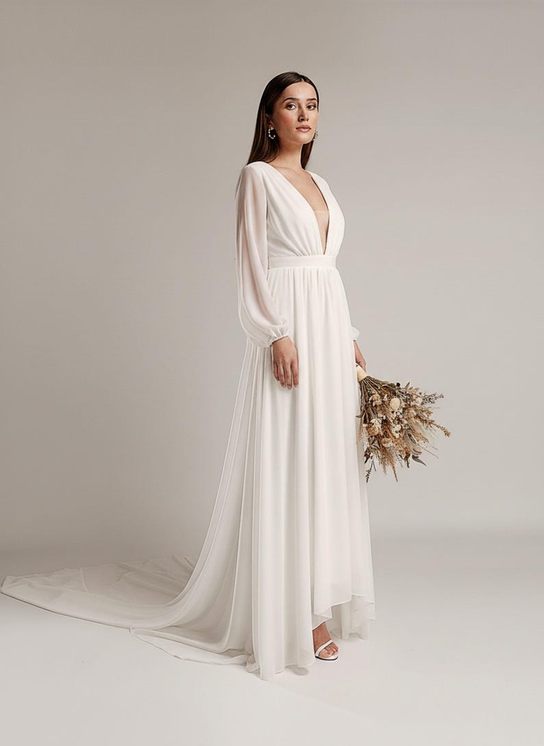 Modest Chiffon Dress With Long Sleeves and Cathedral Train, V-neck ...