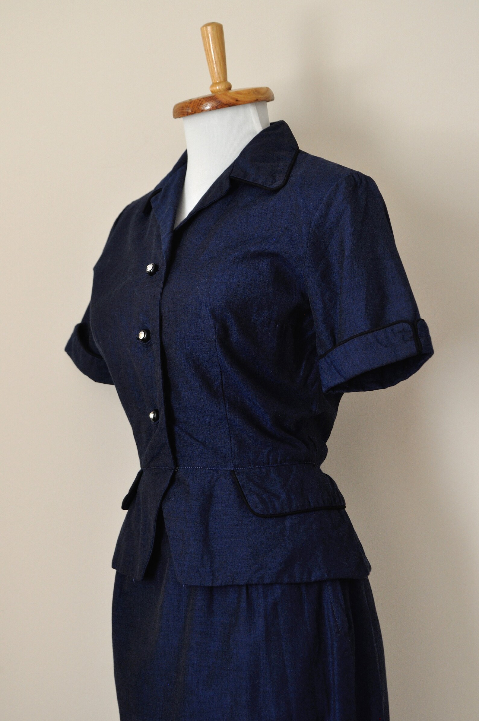 50s Navy Suit / Vintage 1950s Dress Fitted Skirt Set / 40s Short Sleeve ...