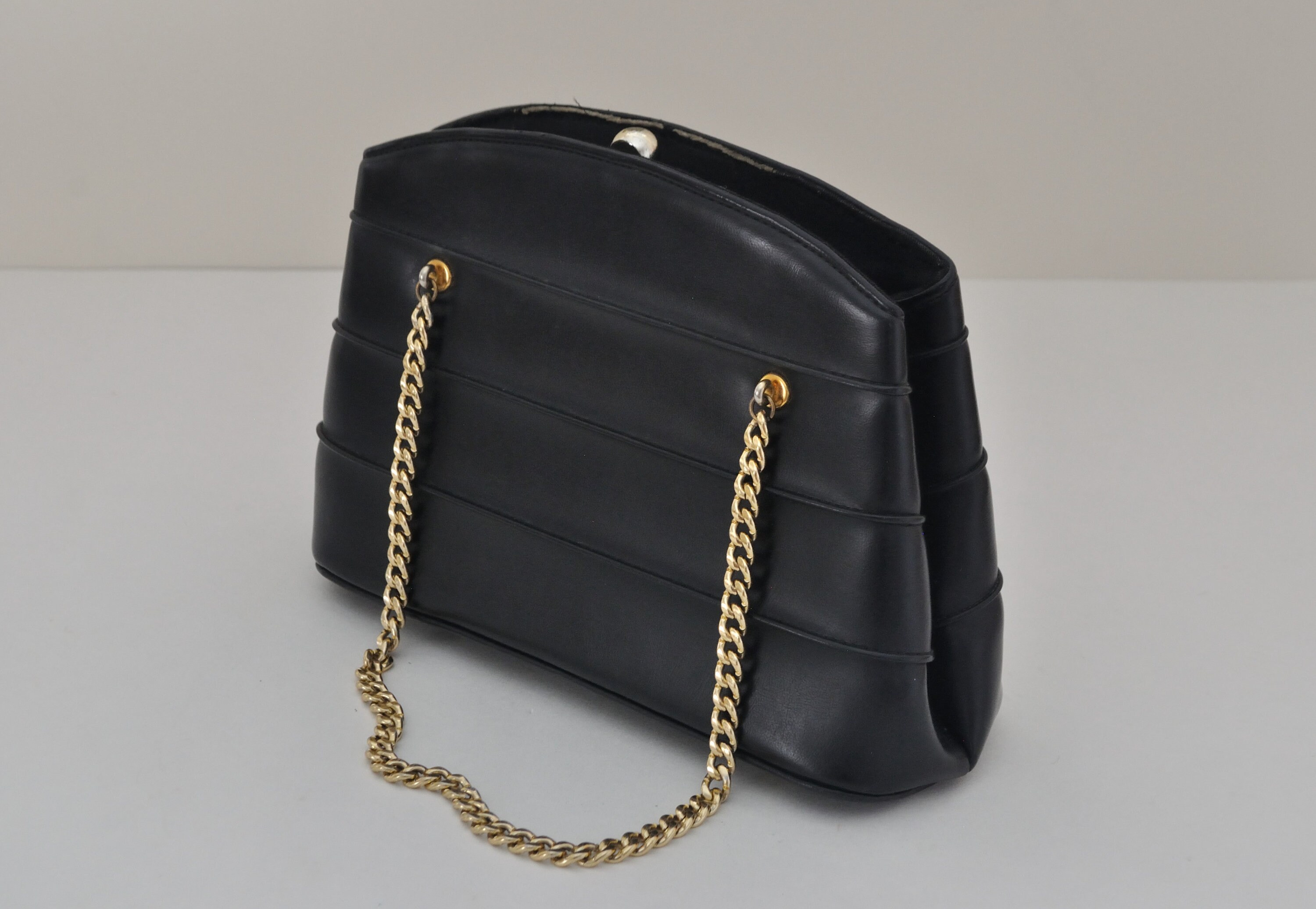 Vintage Black Handbag With Gold Chain / 1950s 1960s Leather Vinyl ...