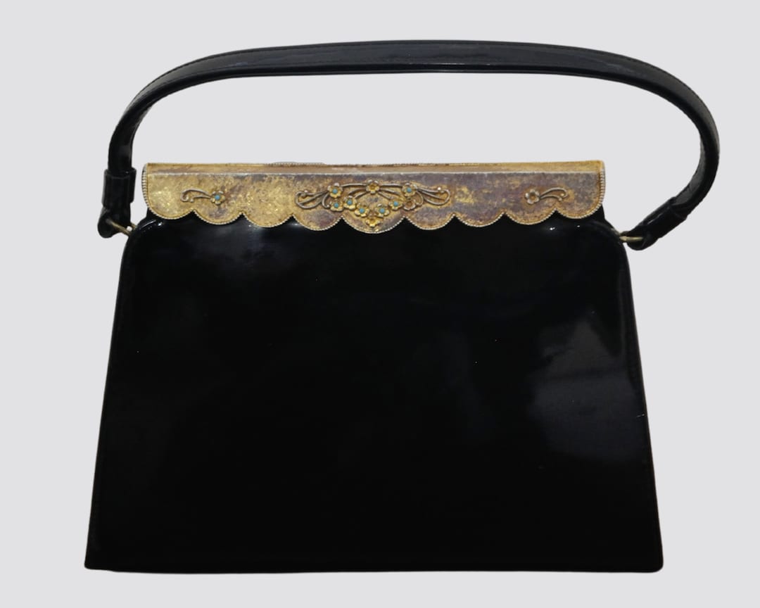50s Patent Purse / Vintage 1950s 1960s After Five Black Hand Bag Gold ...