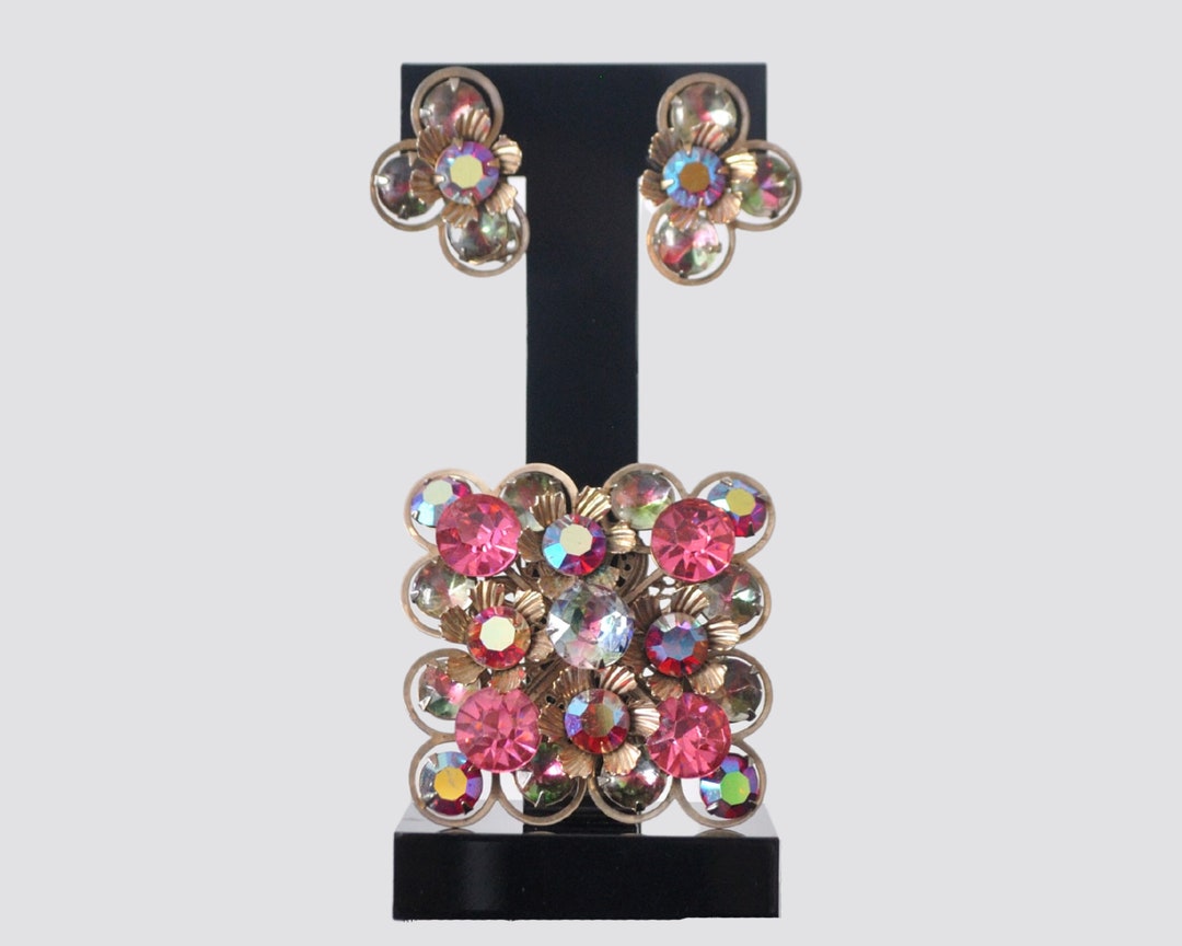 1960s Cathe Rhinestone Brooch and Earrings / Vintage 60s AB Aurora ...